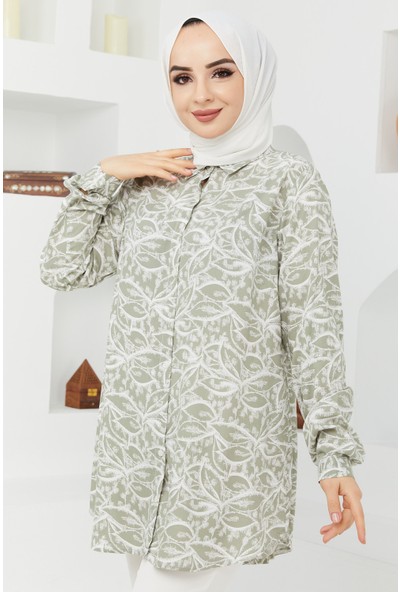 İmaj Butik Büyük Beden Tesettür Desenli Gömlek Tunik/yeşil