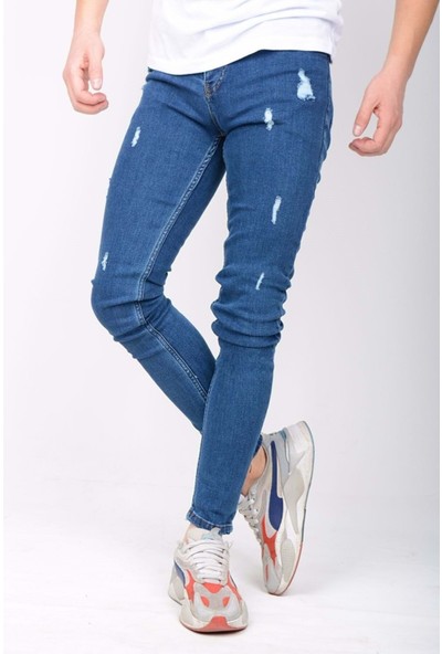 Erkek Mavi Skinny Fit Yırtık Detaylı Jean Kot Pantolon Erkek Mavi Skinny Fit Yırtık Detaylı Jean Kot Pantolon