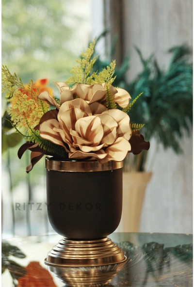 Ritzy Dekor Ev Dekorasyon Dekoratif Büyük Aranjman Siyah Metal Saksı Yapay Çiçek Latex