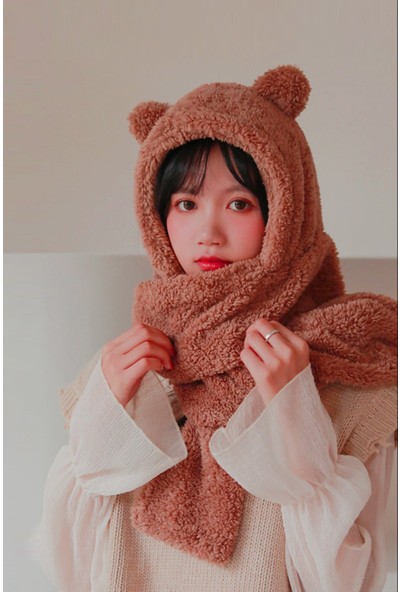 Bundera Kapşonlu Peluş Bere Atkı Kadın Welsoft Polar Boyunluk Şalı Rüzgar Geçirmez Kulaklı Şapka