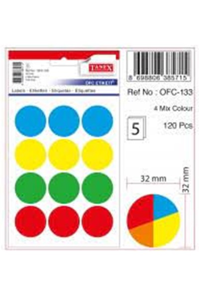 Tanex OFC-133 32 Mm. Yuvarlak Etiket Renkli 120'LI Paket Tanex OFC-133 32 Mm. Yuvarlak Etiket Renkli 120'LI Paket