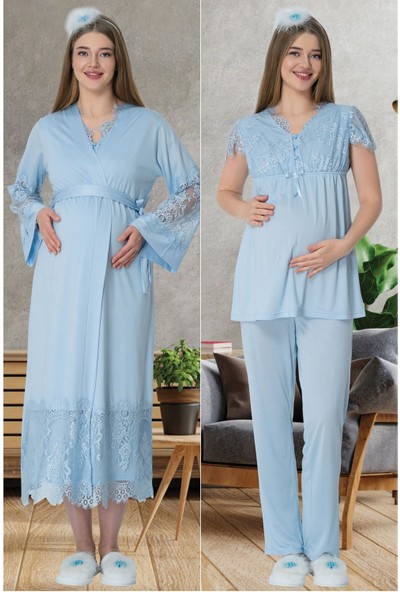 Mecit 5604 Mavi Sabahlık Pijama Gecelik Lohusa Set Mecit 5604 Mavi Sabahlık Pijama Gecelik Lohusa Set