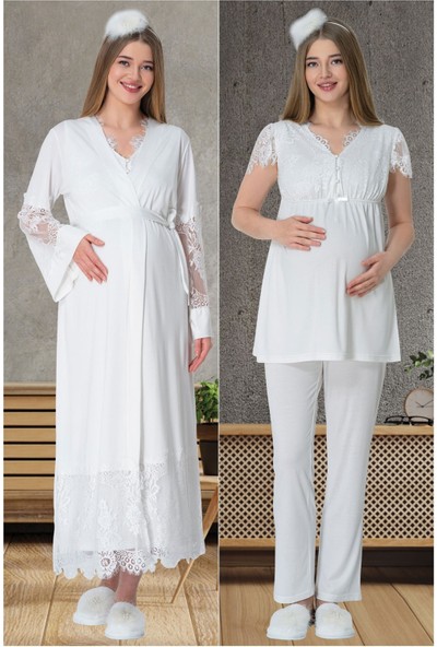 Mecit 5604 Ekru Sabahlık Pijama Gecelik Lohusa Set Mecit 5604 Ekru Sabahlık Pijama Gecelik Lohusa Set
