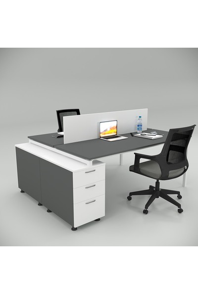 Akr Ofis Ear Ikili 140CM Alt Etajerli Çalışma Masası Workstation Antrasit