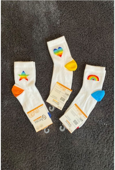 Bross 3'lü Kalp - Yıldız - Gökkuşağı Desenli Çocuk Çorabı