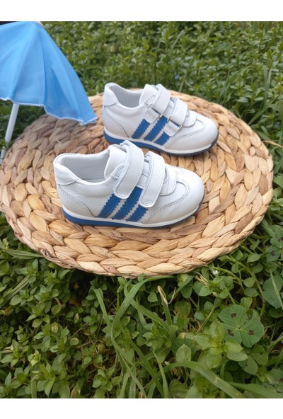 Beyaz Mavi Hakiki Deri Erkek Çocuk Spor Ayakkabısı