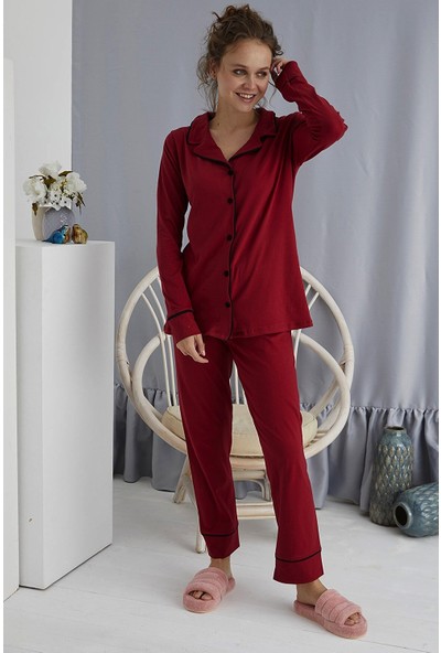 Pemilo Kadın 3030 Düz Önden Düğmeli Pijama Takım Bordo Pemilo Kadın 3030 Düz Önden Düğmeli Pijama Takım Bordo