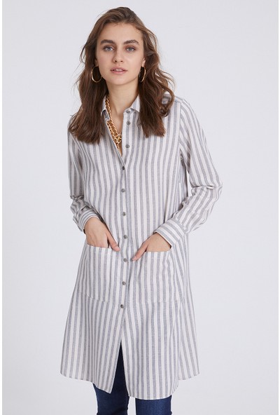 Pudra Gri Çizgili Uzun Cepli Tunik