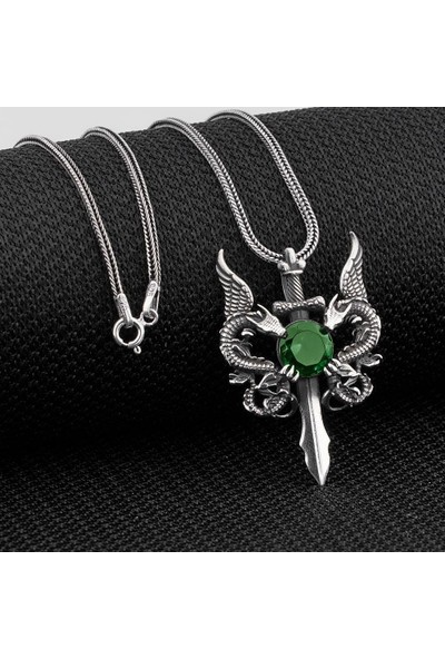925 Ayar Gümüş Ejderha Dragon Tasarımlı Yeşil Zirkon Taşlı Kolye
