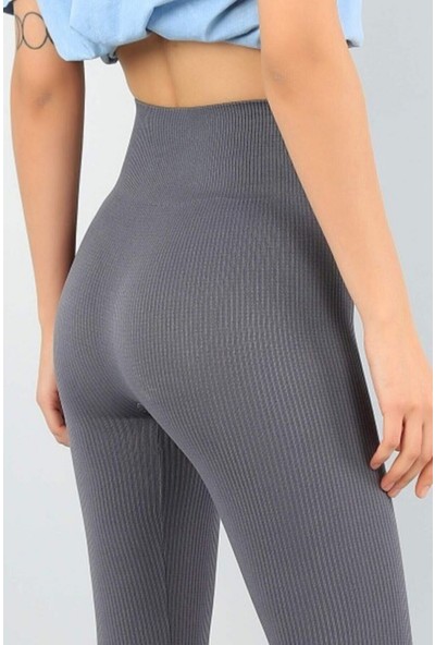 Füme Yüksek Bel Fitilli Toparlayıcı Spor Tayt Günlük Kullanım