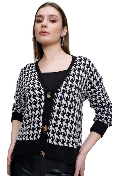 Butikburuc Kadın Siyah V Yaka Kazayağı Desen Hırka