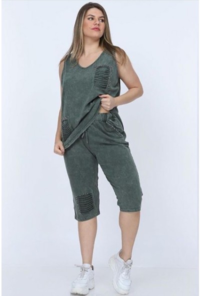 Mia Butik Büyük Beden Haki Bermuda Takım