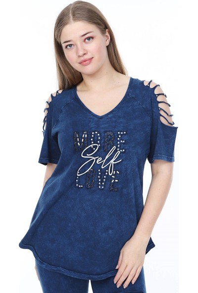 Mia Butik Büyük Beden Lacivert Pamuklu Omuz Detaylı T-Shirt