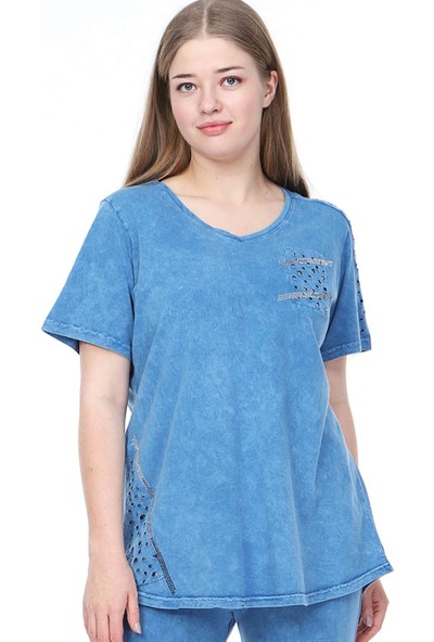 Mia Butik Büyük Beden Mavi Pamuklu Tek Omuz Delik Detaylı Tshirt Mia Butik Büyük Beden Mavi Pamuklu Tek Omuz Delik Detaylı Tshirt