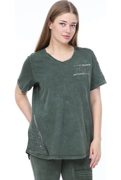 Mia Butik Büyük Beden Haki Pamuklu Tek Omuz Delik Detaylı Tshirt Mia Butik Büyük Beden Haki Pamuklu Tek Omuz Delik Detaylı Tshirt