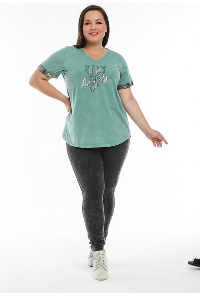 Mia Butik Büyük Beden Su Yeşili Italyan Yıkamalı Kolu Pullu Takım