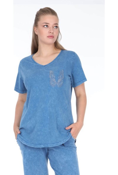 Mia Butik Büyük Beden Italyan Yıkamalı Mavi Melek Kanadı Tshirt Mia Butik Büyük Beden Italyan Yıkamalı Mavi Melek Kanadı Tshirt