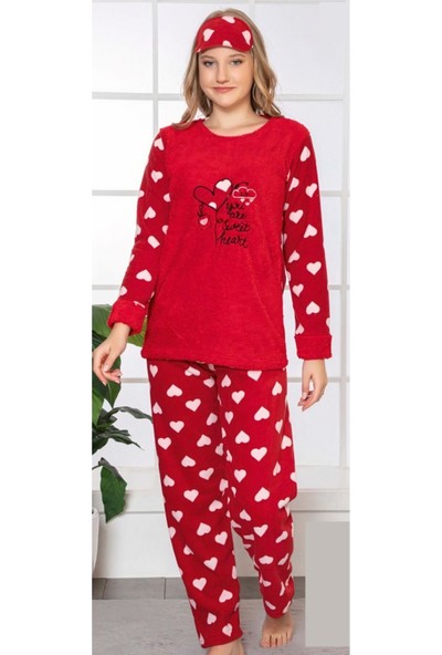 Kadın Kırmızı Kışlık Pamuk Wellsoft Pijama Takımı Göz Bandı ile Birlikte 550