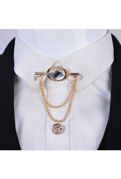 Still Ortası Buzlu Beyaz Taşlı Zincirli Yaka Iğnesi