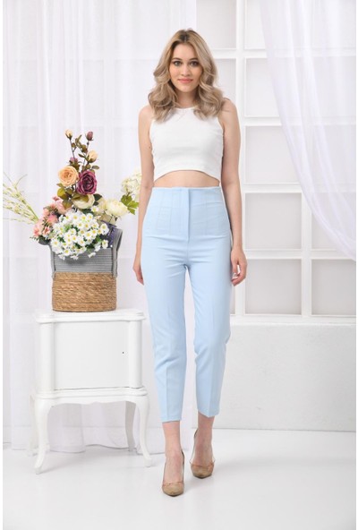 4over4 Pileli Yüksek Bel Mavi Pantolon