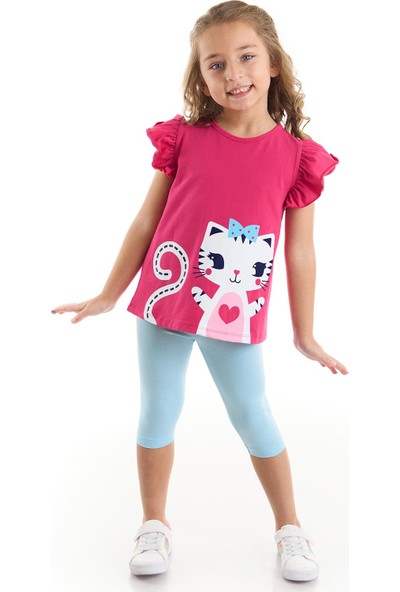 Denokids Fırfırlı Beyaz Kedicik T-Shirt Tayt Takım