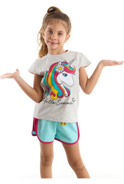 Mushi Çiçekli Unicorn Kız T-Shirt Şort Takım