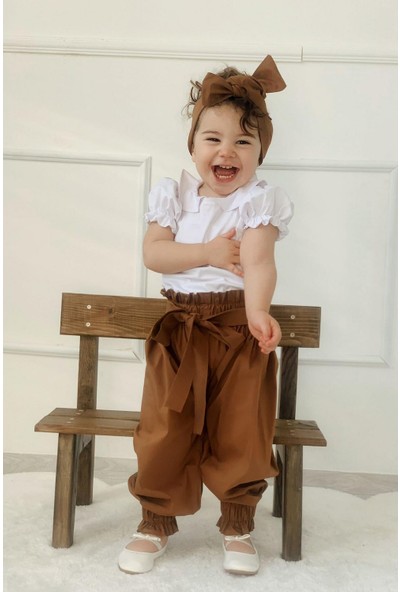 Kız Çocuk Balon Kollu Takım Saç Bandı Hediye - Kahve