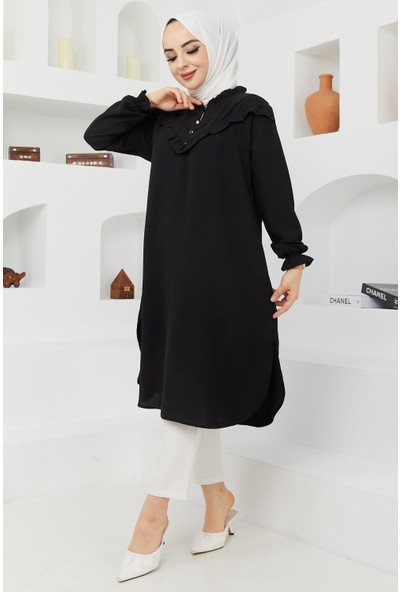 Büyük Beden Yaka Fırfır Detaylı Tesettür Tunik/siyah