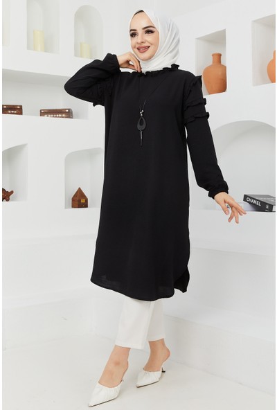 Büyük Beden Kol Fırfır Detaylı Tesettür Tunik/siyah