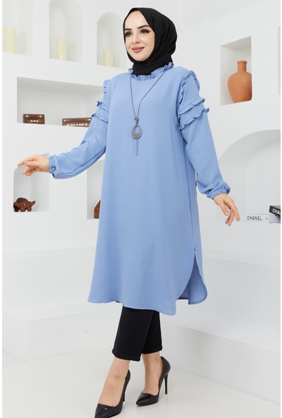 Büyük Beden Kol Fırfır Detaylı Tesettür Tunik/mavi