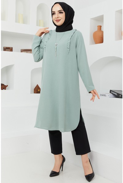 Büyük Beden Yırtmaç Detaylı Fırfırlı Tesettür Tunik/mint