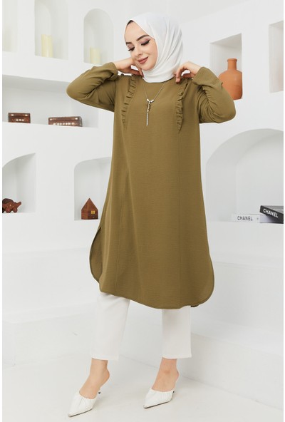 Büyük Beden Yırtmaç Detaylı Fırfırlı Tesettür Tunik/haki
