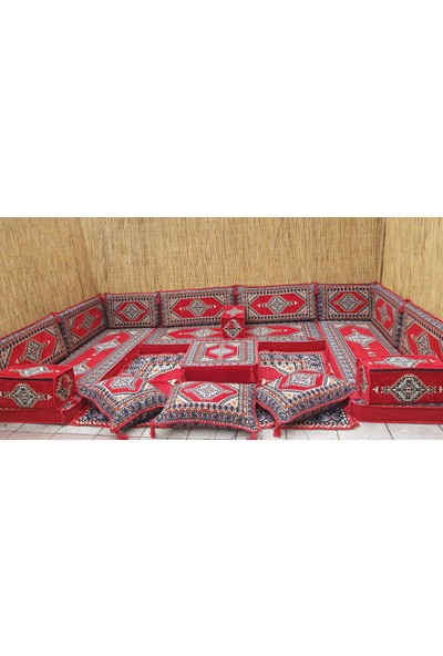 Coton Saraylı Desenli Şark Köşesi Minder, Kilim, Orta Puf Konsept Kırmızı 19 Parça Coton Saraylı Desenli Şark Köşesi Minder, Kilim, Orta Puf Konsept Kırmızı 19 Parça