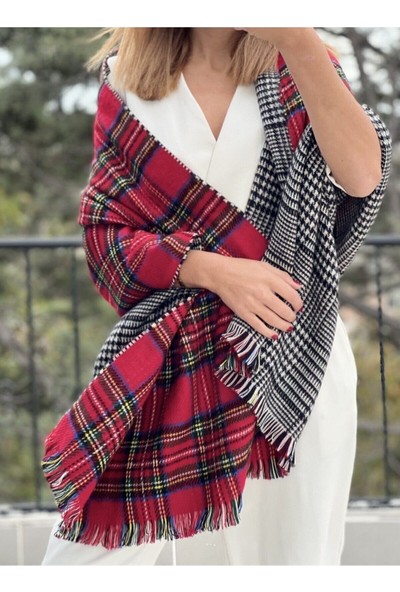 WhoKnows Ekose Kırmızı Çift Taraflı Iskoç Desenli Kalın Şal Atkı