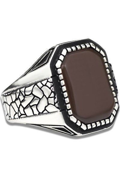 TAJA925 Erkek Gümüş Yüzük Gümüş 925 Kahverengi Taşlı B879