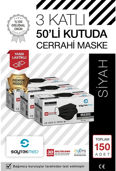 Saytekmed Meltblown Filtreli Yassı Kulak Ipli Siyah Maske (3 Kutu/ 150 Adet) Saytekmed Meltblown Filtreli Yassı Kulak Ipli Siyah Maske (3 Kutu/ 150 Adet)