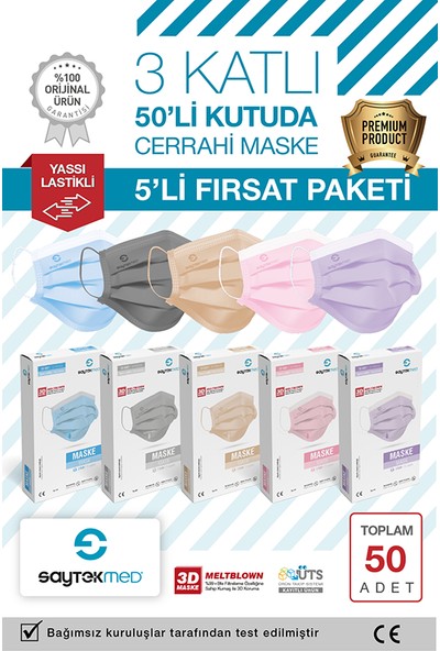 Saytekmed Saytekmed Meltblown Filtreli 5 Farklı Renk Cerrahi Maske 50 Adet 5 Kutu Saytekmed Saytekmed Meltblown Filtreli 5 Farklı Renk Cerrahi Maske 50 Adet 5 Kutu