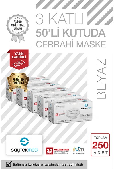 Saytekmed, Meltblown Filtreli, Beyaz Yassı Ipli Cerrahi Maske (250 Adet/5 Kutu) Saytekmed, Meltblown Filtreli, Beyaz Yassı Ipli Cerrahi Maske (250 Adet/5 Kutu)