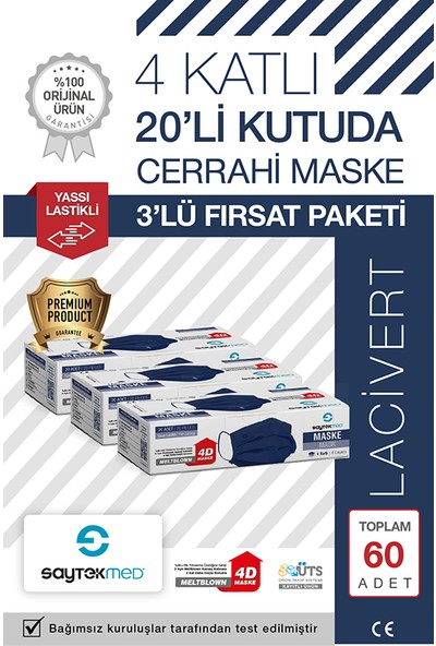 Saytekmed Çift Kat Meltblown / Iki Maske Gücünde 4 Katlı Lacivert Maske (60 Adet/3 Kutu) Saytekmed Çift Kat Meltblown / Iki Maske Gücünde 4 Katlı Lacivert Maske (60 Adet/3 Kutu)