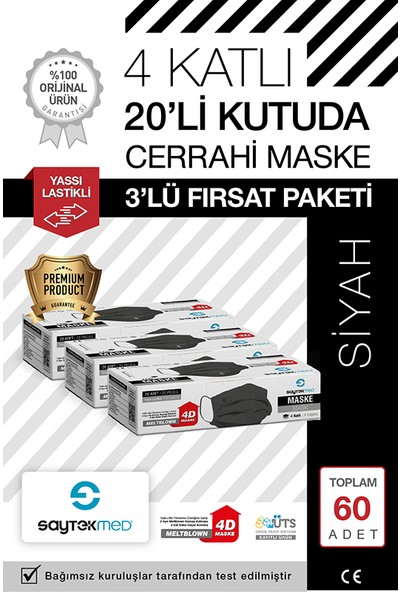 Saytekmed Çift Kat Meltblown / Iki Maske Gücünde 4 Katlı Siyah Maske (60 Adet/3 Kutu) Saytekmed Çift Kat Meltblown / Iki Maske Gücünde 4 Katlı Siyah Maske (60 Adet/3 Kutu)