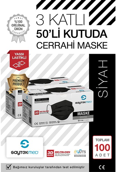 SaytekMed Meltblown Filtreli, Yassı Ipli, Siyah Cerrahi Maske (2 KUTU/100 Adet) SaytekMed Meltblown Filtreli, Yassı Ipli, Siyah Cerrahi Maske (2 KUTU/100 Adet)