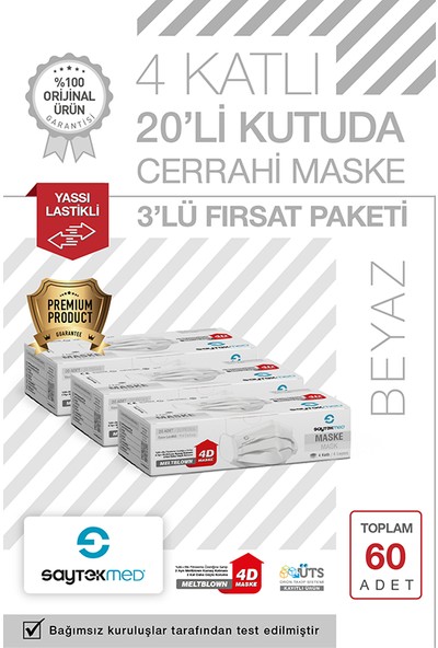 Saytekmed Çift Kat Meltblown / Iki Maske Gücünde 4 Katlı Beyaz Maske (60 Adet/3 Kutu) Saytekmed Çift Kat Meltblown / Iki Maske Gücünde 4 Katlı Beyaz Maske (60 Adet/3 Kutu)