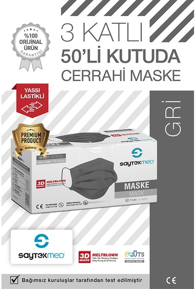 Saytek Med Meltblown Filtreli, Yassı Ipli, Gri Cerrahi Maske (1kutu/50 Adet)