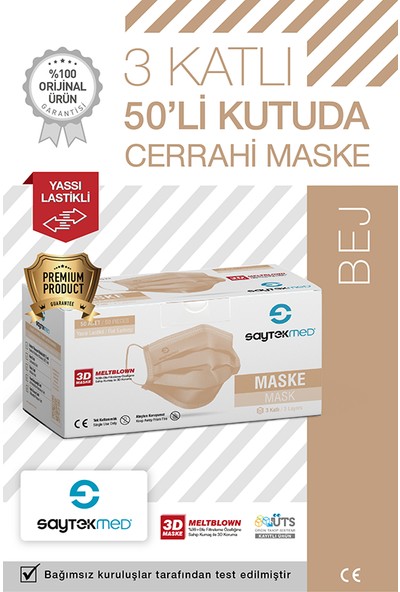 Saytek Med Meltblown Filtreli, Yassı Ipli, Ten Rengi Cerrahi Maske (1kutu/50 Adet)
