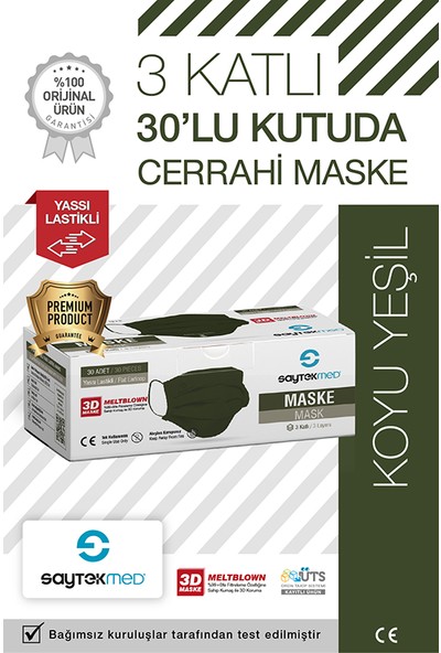 SaytekMed Meltblown Filtreli, Yassı Ipli, Haki / Koyu Yeşil Cerrahi Maske (30 Adet) SaytekMed Meltblown Filtreli, Yassı Ipli, Haki / Koyu Yeşil Cerrahi Maske (30 Adet)