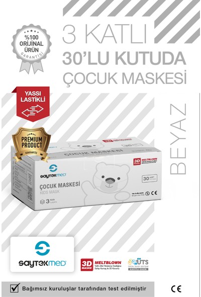 Saytekmed Premium Beyaz Çocuk Maskesi, Meltblown Filtreli, Yassı Kulak İpli (1 Kutu/30 Adet) Saytekmed Premium Beyaz Çocuk Maskesi, Meltblown Filtreli, Yassı Kulak İpli (1 Kutu/30 Adet)