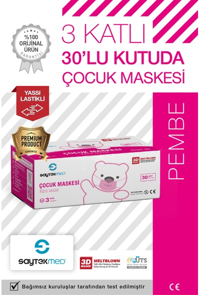 Saytekmed Premium Pembe Çocuk Maskesi, Meltblown Filtreli, Yassı Kulak İpli (1 Kutu/30 Adet) Saytekmed Premium Pembe Çocuk Maskesi, Meltblown Filtreli, Yassı Kulak İpli (1 Kutu/30 Adet)