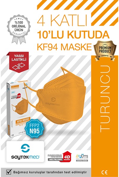 Saytekmed N95/FFP2 Kore Tipi 4 Katlı Turuncu Maske, Tekli Poşet, Uv Steril (1 Kutu/ 10 Adet) Saytekmed N95/FFP2 Kore Tipi 4 Katlı Turuncu Maske, Tekli Poşet, Uv Steril (1 Kutu/ 10 Adet)