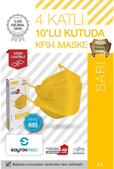 Saytekmed N95/FFP2 Kore Tipi 4 Katlı Sarı Maske, Tekli Poşet, Uv Steril (1 Kutu/ 10 Adet) Saytekmed N95/FFP2 Kore Tipi 4 Katlı Sarı Maske, Tekli Poşet, Uv Steril (1 Kutu/ 10 Adet)