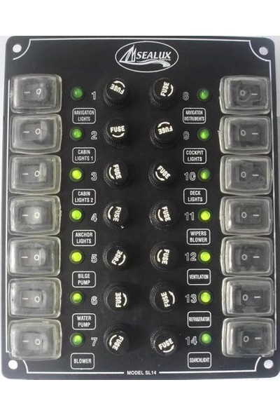Sealux 14 Anahtarlı Izoleli Küçük Ebatlı Swıtch Panel / Tekne ve Karavan Sigorta Paneli / Elektrik Kumanda Paneli Sealux 14 Anahtarlı Izoleli Küçük Ebatlı Swıtch Panel / Tekne ve Karavan Sigorta Paneli / Elektrik Kumanda Paneli